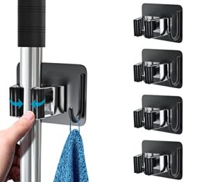 homeasy mop broom holder no drill sus304 stainless steel, mop broom organizer wall mounted heavy duty with hooks hanger, self adhesive stainless steel 4pcs for bathroom, kitchen, office