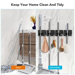 HOMEASY Mop Broom Holder No Drill SUS304 Stainless Steel, Mop Broom Organizer Wall Mounted Heavy Duty with Hooks Hanger, Self Adhesive Stainless Steel 4Pcs for Bathroom, Kitchen, Office