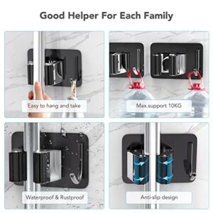 HOMEASY Mop Broom Holder No Drill SUS304 Stainless Steel, Mop Broom Organizer Wall Mounted Heavy Duty with Hooks Hanger, Self Adhesive Stainless Steel 4Pcs for Bathroom, Kitchen, Office