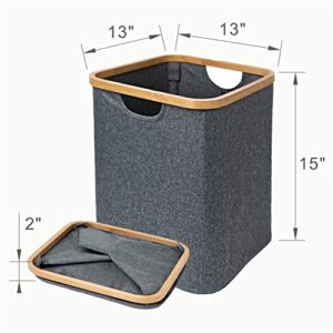 Square Foldable Bamboo Frame Laundry Hamper, Dirty Clothes Basket, Laundry Room Clothes Organizer 13"x13"x15"