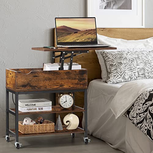 MOOACE End Table with Charging Station, Lift Top Nightstand Mobile Narrow Bedside Tables with USB Ports and Outlets for Living Room, Bedroom, Large Storage Space Cabinet, Rustic Brown