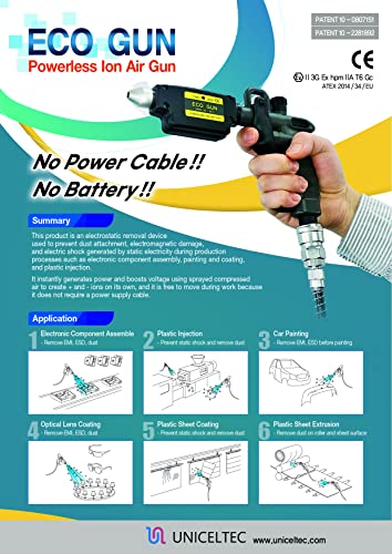 UNICELTEC ECOGUN, Power Cordless Anti Static Gun, Self generating Ionizing Air Gun, Static Eliminator