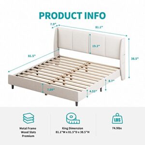 BALUS Wingback King Size Bed Frame, Upholstered Platform Bed Frame with 2 Pockets,Bed Frame with Wooden Slats Support, No Box Spring Needed/Easy Assembly/No Mattress (King, Beige)