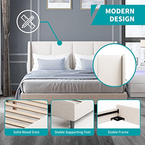 BALUS Wingback King Size Bed Frame, Upholstered Platform Bed Frame with 2 Pockets,Bed Frame with Wooden Slats Support, No Box Spring Needed/Easy Assembly/No Mattress (King, Beige)