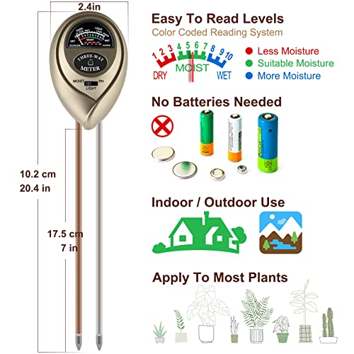 ALANMOND Plant Water Meter 3-in-1 Soil Moisture/Light/pH Tester for Plants Gardening Tool Kit Soil Hygrometer Sensor for Indoor & Outdoor Golden