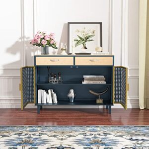 ZeHuoGe 31.5'' Accent Cabinet Sideboard Buffet, Iron Rattan Console Televison Table with Pop-up Doors, 2-Tier Storage Cabinet Buffet Sideboard (Gray)