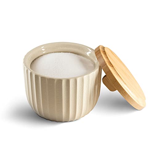 Lunavita Salt Cellar Keeper with Bamboo Lid, 14oz Big Capacity Ceramic Sugar Bowls Pepper Box, Crackle Glaze Seasoning Container Condiment Pot for Kitchen, (Cream Color), 3.9×4