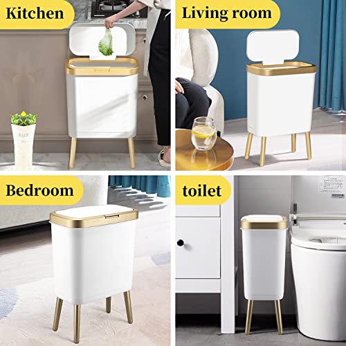 Trash Can with Lid, Plastic Garbage Can with Push Button, Narrow Modern Waste Basket for Kitchen, Slim Bedroom Garbage Bin, 15L Bathroom Trash Can for Home, Living Room, Toilet, Office (White)