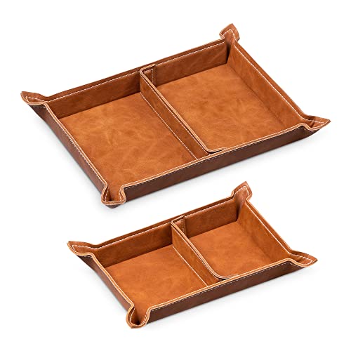 Navaris Faux Leather Tray Set - 2 Valet Organizer Trays for Bedside Table Desk with Dividers- Store Keys, Change, Wallet, Phone, Glasses - Brown