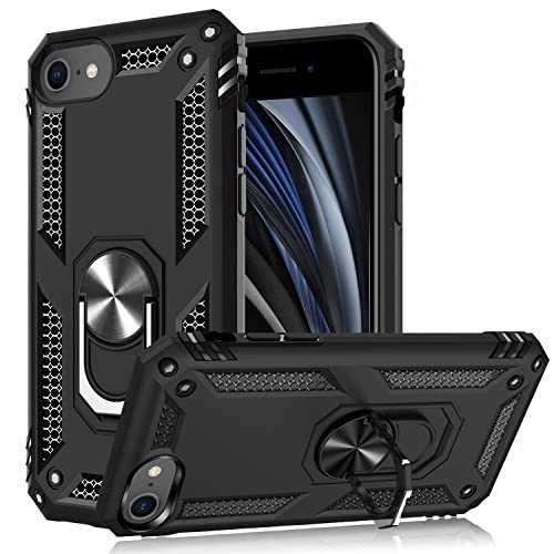 UniSpg iPhone SE Case 2022/2020, iPhone 8 Case, iPhone 7 Case [Military Grade Drop Texted] Protective Shockproof Phone Case with Magnetic Ring Kickstand for iPhone SE 3rd&2nd 8 7 SE 2022 2020 - Black