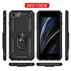 UniSpg iPhone SE Case 2022/2020, iPhone 8 Case, iPhone 7 Case [Military Grade Drop Texted] Protective Shockproof Phone Case with Magnetic Ring Kickstand for iPhone SE 3rd&2nd 8 7 SE 2022 2020 - Black