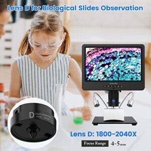 JOYALENS JL249MS 3 Lens 10 Inch LCD HDMI Digital Microscope 2000x, 24MP Soldering Microscope Pro Metal Stand for Vertical Horizontal Adjust, Coin Microscope, Biological Microscope, PC Compatible, 32GB