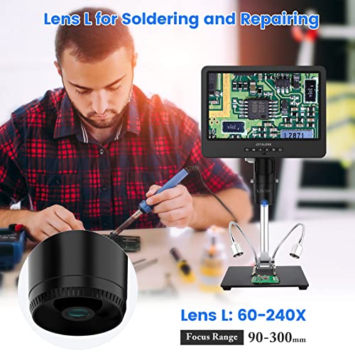 JOYALENS JL249MS 3 Lens 10 Inch LCD HDMI Digital Microscope 2000x, 24MP Soldering Microscope Pro Metal Stand for Vertical Horizontal Adjust, Coin Microscope, Biological Microscope, PC Compatible, 32GB