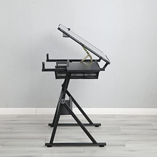 HomSof Adjustable Drafting Printing Table with Chair, Black