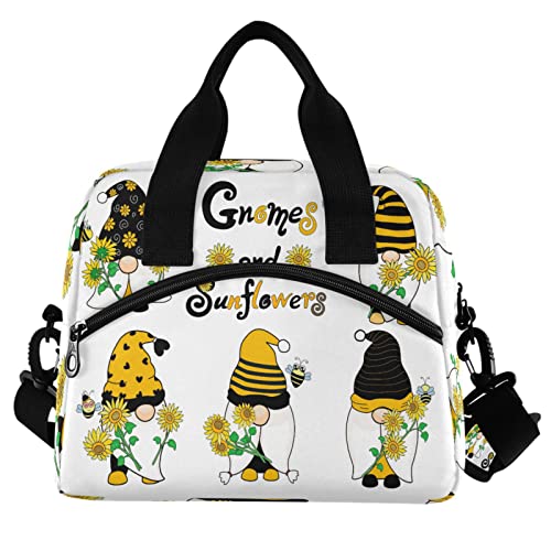 Oarencol Gnomes Sunflower Bee Insulated Lunch Bag Gnemes Florals Reusable Cooler Lunch Tote Box with Shoulder Strap for Work Picnic School Beach