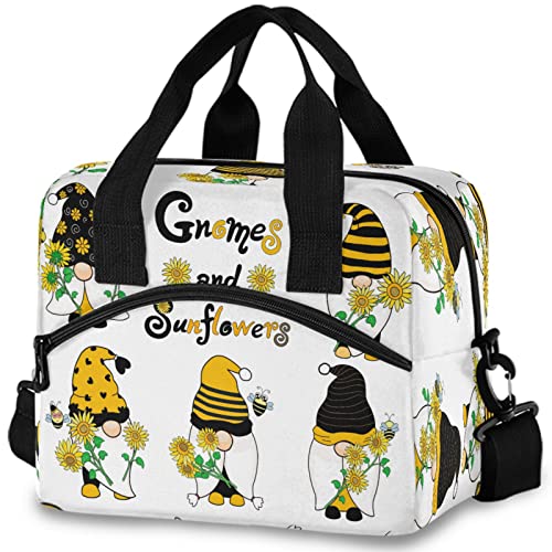 Oarencol Gnomes Sunflower Bee Insulated Lunch Bag Gnemes Florals Reusable Cooler Lunch Tote Box with Shoulder Strap for Work Picnic School Beach