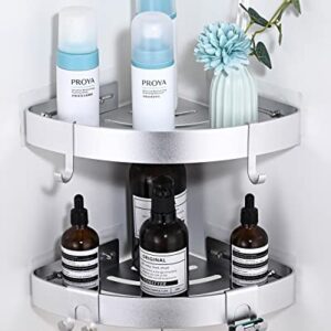 TRUSTLIFE Corner Shower Caddy 2-Pack - Adhesive Corner Shelf with Hooks for Inside Shower, No Drilling & Rustproof Shower Storage Rack for Bathroom, Wall Mount Bathtub Caddy Shelf Organizer - Silver