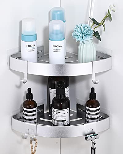 TRUSTLIFE Corner Shower Caddy 2-Pack - Adhesive Corner Shelf with Hooks for Inside Shower, No Drilling & Rustproof Shower Storage Rack for Bathroom, Wall Mount Bathtub Caddy Shelf Organizer - Silver