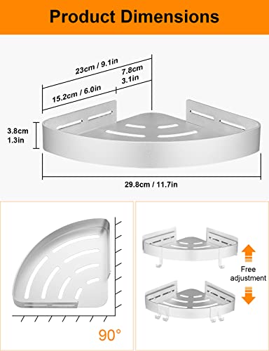 TRUSTLIFE Corner Shower Caddy 2-Pack - Adhesive Corner Shelf with Hooks for Inside Shower, No Drilling & Rustproof Shower Storage Rack for Bathroom, Wall Mount Bathtub Caddy Shelf Organizer - Silver