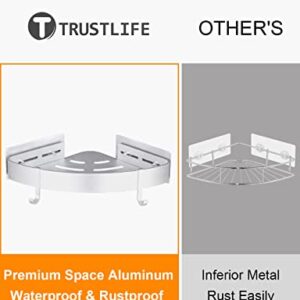 TRUSTLIFE Corner Shower Caddy 2-Pack - Adhesive Corner Shelf with Hooks for Inside Shower, No Drilling & Rustproof Shower Storage Rack for Bathroom, Wall Mount Bathtub Caddy Shelf Organizer - Silver