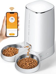 rojeco automatic cat feeders for 2 cats, 4l cat food dispenser with app control, double stainless steel bowls, dual power supply and low food alarms, 2.4ghz wi-fi enabled pet feeder for cats and dogs