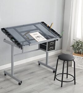 homsof adjustable drafting printing table with chair, grey