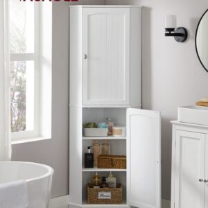 VASAGLE Tall Corner Cabinet, Bathroom Storage Cabinet with 2 Doors and 4 Adjustable Shelves, for Bathroom, Kitchen, Living Room, Modern Farmhouse Design, White UBBC541P31