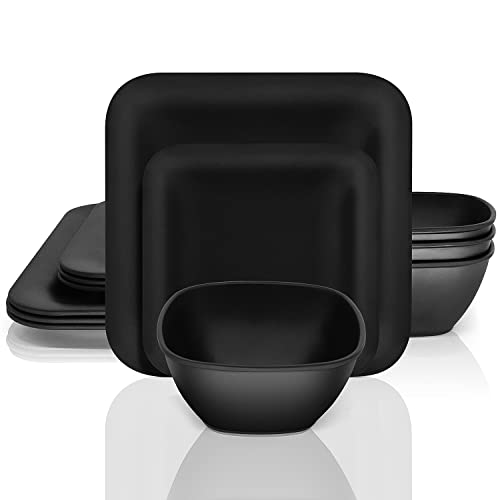 Melamine Dinnerware Set - 12 pcs Melamine Plates Indoor and Outdoor use Matte Black Plates and Bowls Dinnerware Sets Summer Fall Camping Dish Set for 4 Dishwasher Safe（Square）