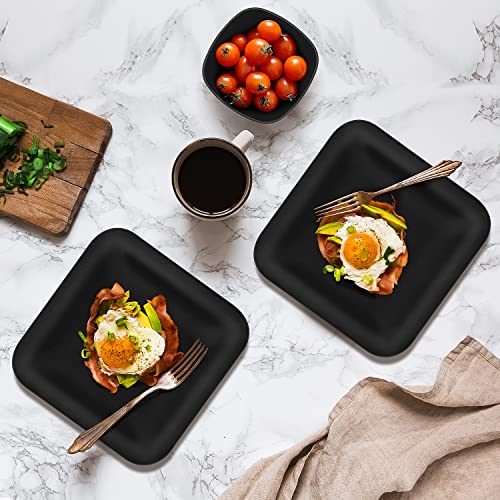 Melamine Dinnerware Set - 12 pcs Melamine Plates Indoor and Outdoor use Matte Black Plates and Bowls Dinnerware Sets Summer Fall Camping Dish Set for 4 Dishwasher Safe（Square）