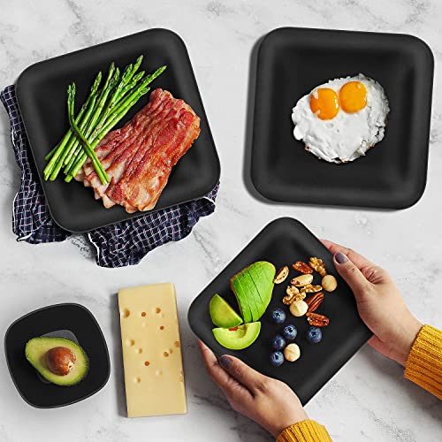 Melamine Dinnerware Set - 12 pcs Melamine Plates Indoor and Outdoor use Matte Black Plates and Bowls Dinnerware Sets Summer Fall Camping Dish Set for 4 Dishwasher Safe（Square）