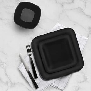 Melamine Dinnerware Set - 12 pcs Melamine Plates Indoor and Outdoor use Matte Black Plates and Bowls Dinnerware Sets Summer Fall Camping Dish Set for 4 Dishwasher Safe（Square）