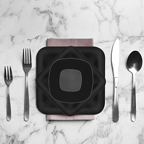 Melamine Dinnerware Set - 12 pcs Melamine Plates Indoor and Outdoor use Matte Black Plates and Bowls Dinnerware Sets Summer Fall Camping Dish Set for 4 Dishwasher Safe（Square）