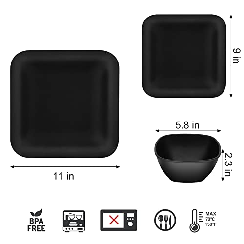 Melamine Dinnerware Set - 12 pcs Melamine Plates Indoor and Outdoor use Matte Black Plates and Bowls Dinnerware Sets Summer Fall Camping Dish Set for 4 Dishwasher Safe（Square）