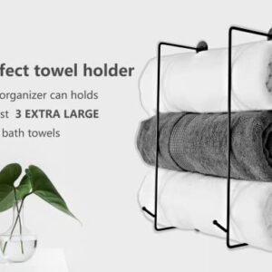 2 Set Towel Rack Holder, Wall Mounted Metal Towel Shelf with Hooks, Minimalist Design Storage Organizer for Towels, Washcloths, Hand Towels, Linens, Yoga Mat, Ideal for Bathroom, Spa, Salon Black