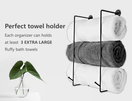 2 Set Towel Rack Holder, Wall Mounted Metal Towel Shelf with Hooks, Minimalist Design Storage Organizer for Towels, Washcloths, Hand Towels, Linens, Yoga Mat, Ideal for Bathroom, Spa, Salon Black