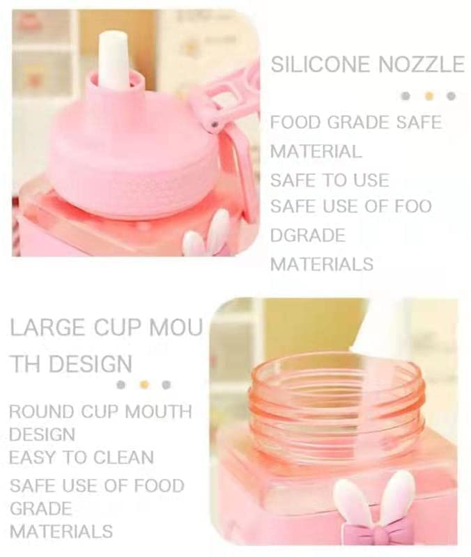 excvalues Kawaii Water Bottle with Straw Cute Large Water Bottles with Kawaii Stickers Aesthetic Leakproof Square Drinking Bottle (pink)