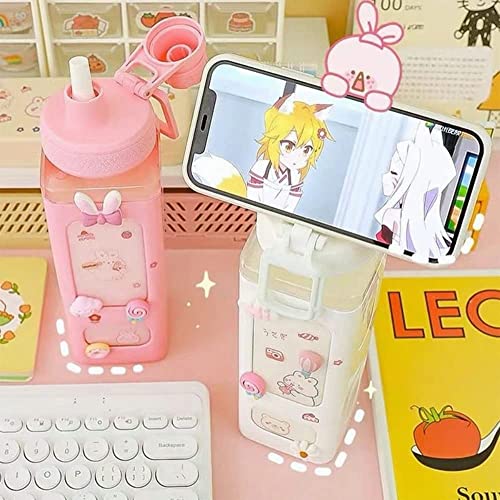 excvalues Kawaii Water Bottle with Straw Cute Large Water Bottles with Kawaii Stickers Aesthetic Leakproof Square Drinking Bottle (pink)