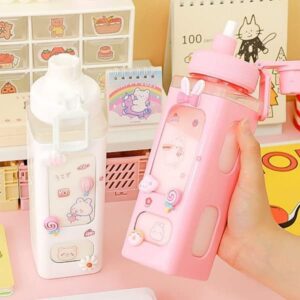 excvalues Kawaii Water Bottle with Straw Cute Large Water Bottles with Kawaii Stickers Aesthetic Leakproof Square Drinking Bottle (pink)