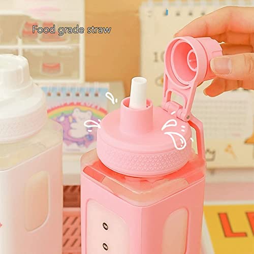 excvalues Kawaii Water Bottle with Straw Cute Large Water Bottles with Kawaii Stickers Aesthetic Leakproof Square Drinking Bottle (pink)