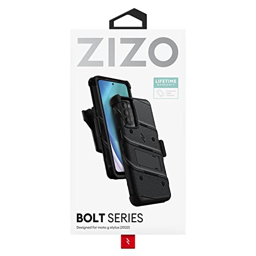 ZIZO Bolt Bundle for Moto g Stylus 2022 Case with Screen Protector Kickstand Holster Lanyard - Black