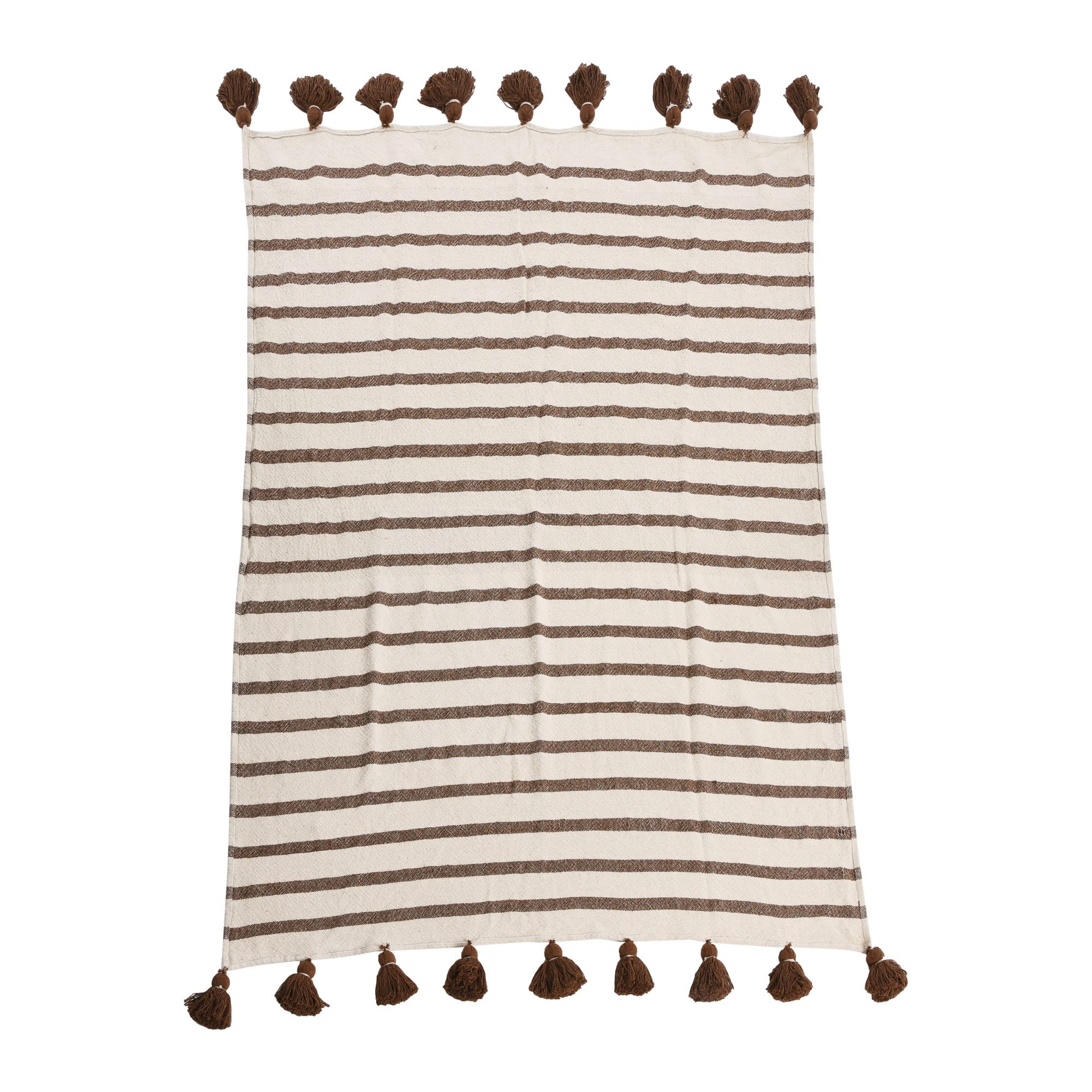 Main + Mesa Recycled Striped Cotton Throw Blanket with Tassels, Brown and Natural