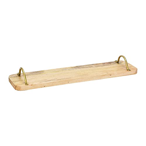 Boho Rectangle Mango Wood Tray with Metal Handles, Natural and Gold