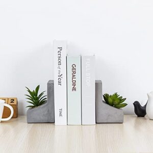 MyGift L-Shaped Heavy Concrete Shelf Decor Decorative Bookends with Artificial Succulent Plants, Desktop Textbook Book Stands, 1 Pair