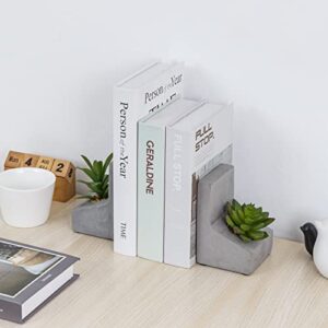 MyGift L-Shaped Heavy Concrete Shelf Decor Decorative Bookends with Artificial Succulent Plants, Desktop Textbook Book Stands, 1 Pair