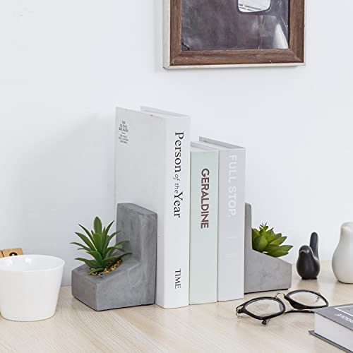 MyGift L-Shaped Heavy Concrete Shelf Decor Decorative Bookends with Artificial Succulent Plants, Desktop Textbook Book Stands, 1 Pair