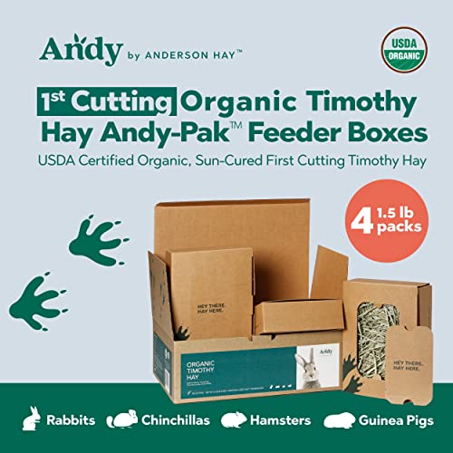 Andy Organic Timothy Hay Andy-Pak Feeder Box, 4 Pack 1.5 Lb Boxes, 1st Cutting Rabbit Food, Premium Hamster, Chinchilla, Gerbil, & Guinea Pig Food, Small Animal Treats, 6 lbs