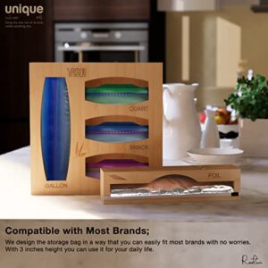 Bamboo Ziplock Bag Storage Organizer with Foil Cutter and Plastic Wrap Dispenser - Wooden Baggies Holder for Drawer - Kitchen Organization for Gallon, Quart, Snack, and Sandwich Bags - Magnetic Foil Organizer