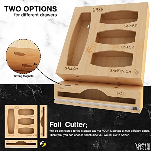 Bamboo Ziplock Bag Storage Organizer with Foil Cutter and Plastic Wrap Dispenser - Wooden Baggies Holder for Drawer - Kitchen Organization for Gallon, Quart, Snack, and Sandwich Bags - Magnetic Foil Organizer