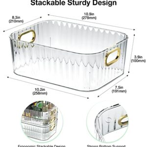 FATMOON Set of 3 Clear Pantry Organizer Bins, Stackable Plastic Food Storage Basket with Handle for Organizers Kitchen Refrigerator Fridge Bathrooms Countertops