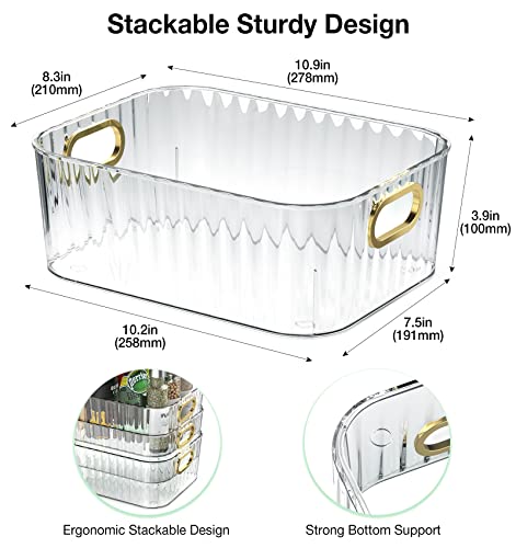 FATMOON Set of 3 Clear Pantry Organizer Bins, Stackable Plastic Food Storage Basket with Handle for Organizers Kitchen Refrigerator Fridge Bathrooms Countertops